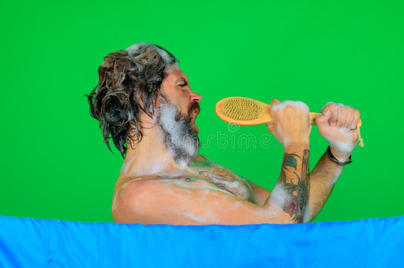 Bearded Man With Bath Brush Singing In Bathroom Handsome Guy Having