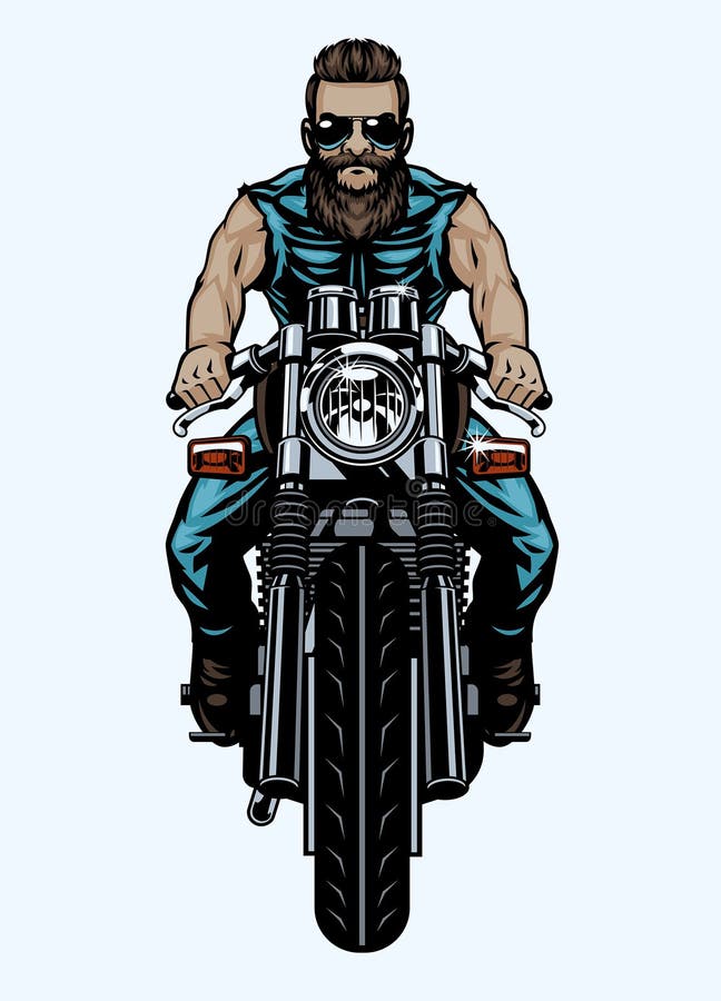 Bearded Man Biker Riding Cafe Racer Motorcycle Front View Angle Stock ...
