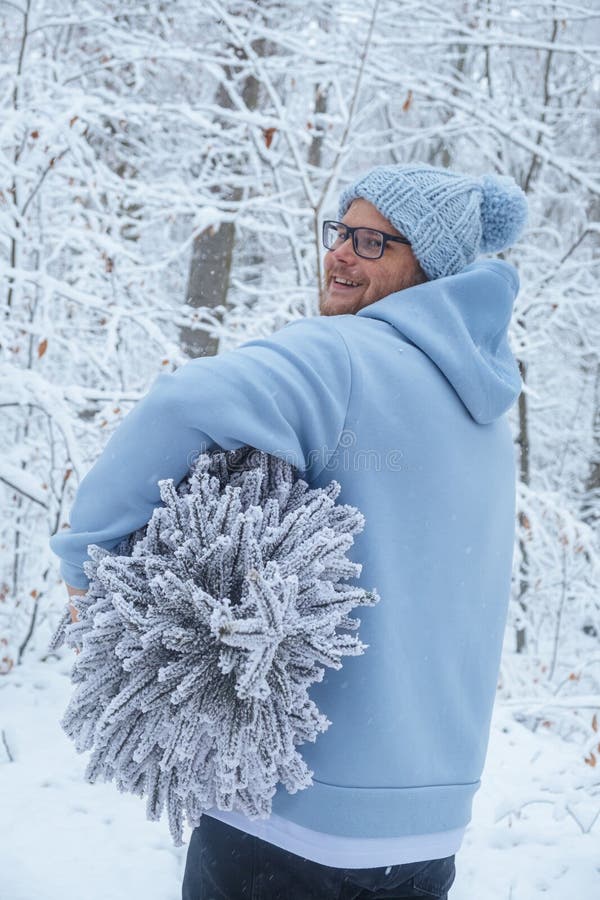 Bearded Man in Blue Holding Snowy Christmas Tree Back View Stock Photo ...
