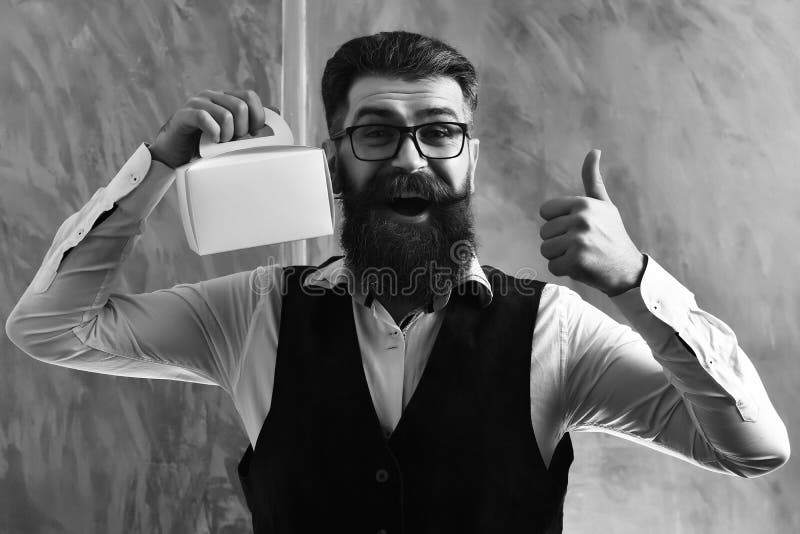 Bearded Man, Brutal Caucasian Hipster with Moustache Holding Lunch Box ... Bearded Man, Brutal Caucasian Hipster with Moustache Holding Lunch Box ...