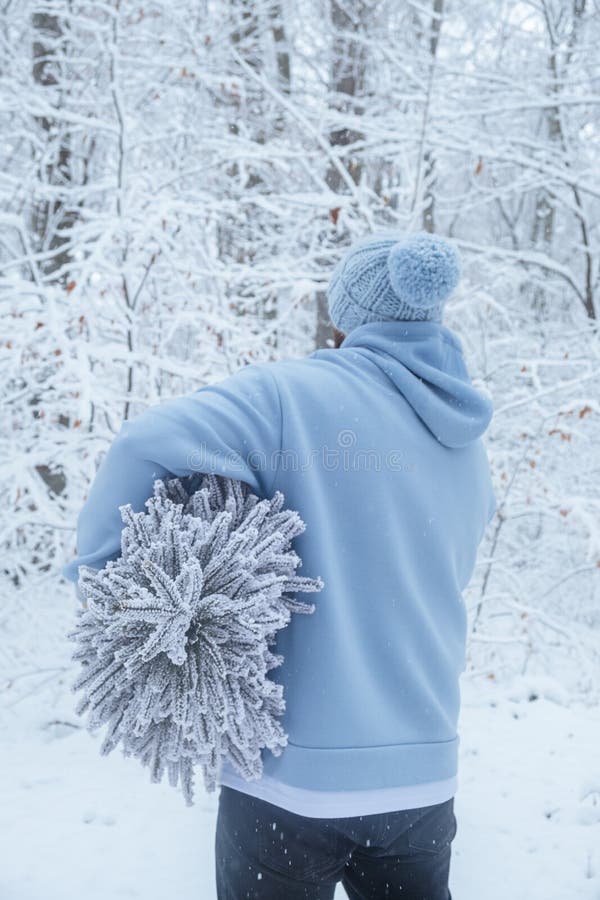 Bearded Man in Cap Holding Christmas Tree Back View Stock Photo - Image ...