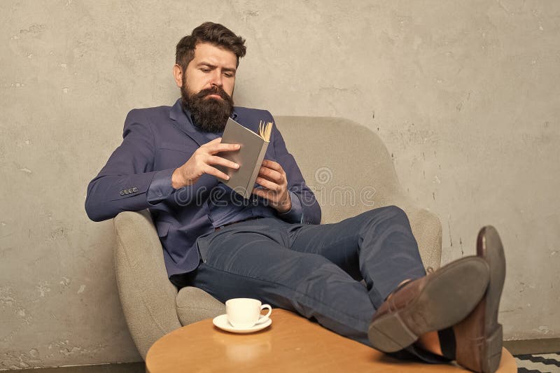Bearded Man Ceo Read Book Relaxing in Armchair during Rest Break ...