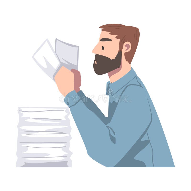 Bearded Man Character Working with Pile of Papers Vector Illustration ...