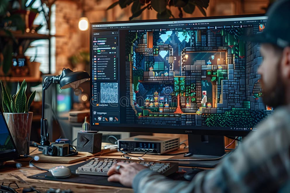 Bearded Man Coding Pixel Art on Computer in Dimly Lit Interior with Plants and Keyboard ...