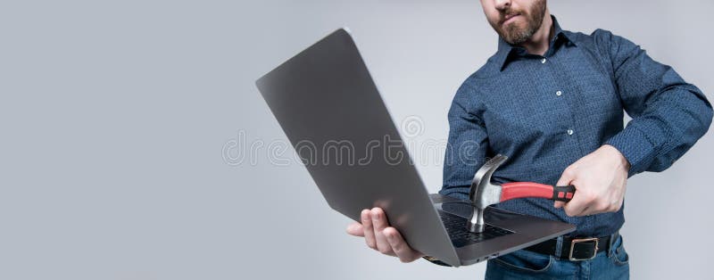 Bearded Man Cropped View Beat with Hammer Breaking into Computer Grey ...
