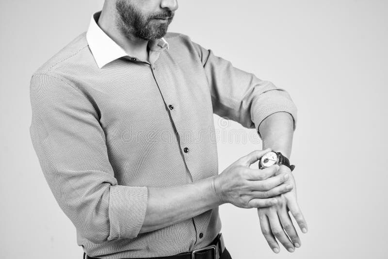 Bearded Man Cropped View Look at Wrist Watch Dial, Time Check Stock ...