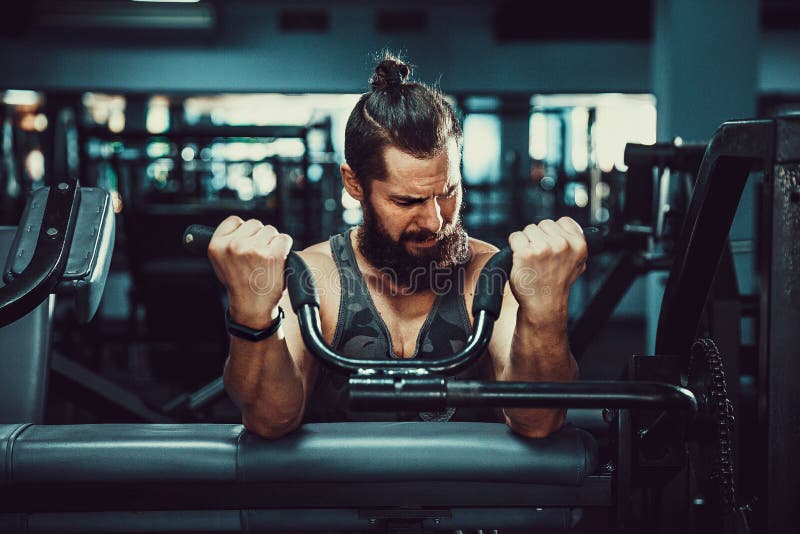 Man Doing Heavy Weight Exercise for Biceps on Machine in a Gym Stock ...