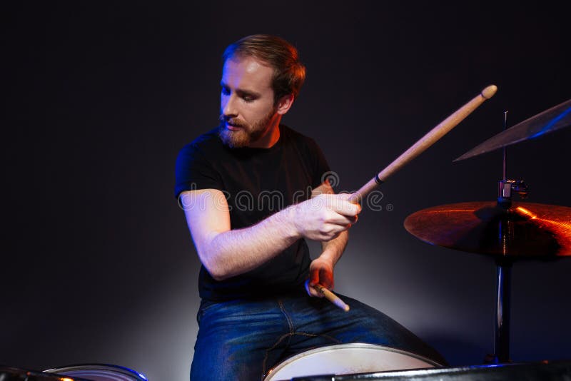 Bearded Man Drummer Closed Eyes Sitting Playing Drums Stock Photos ...