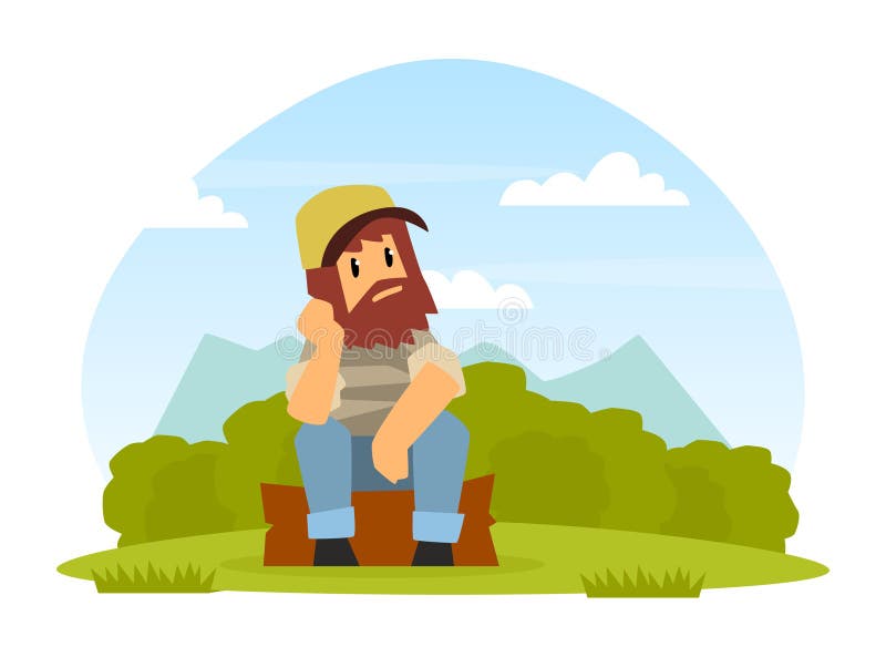 Bearded Man Farmer Sitting on Tree Log on Ntaure Cartoon Vector Stock ...