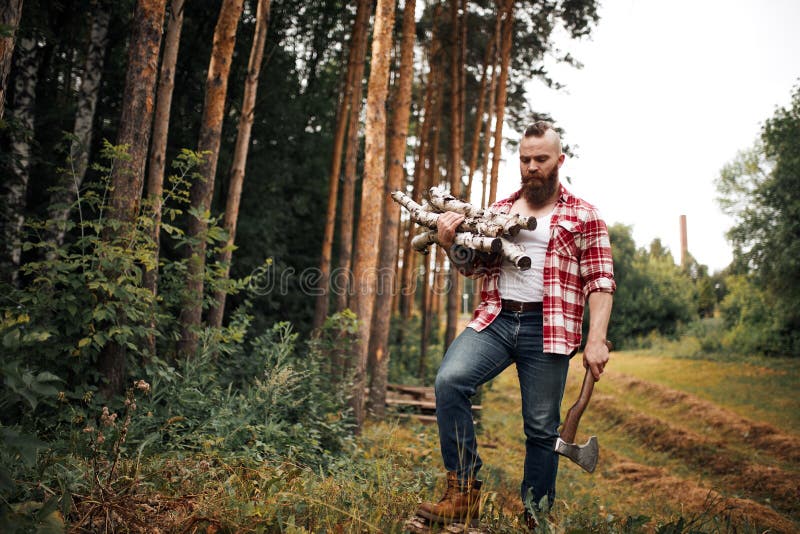 Bearded Man with Firewoods and with Axe on Shoulder Stock Photo - Image ...