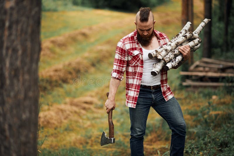 Bearded Man with Firewoods and with Axe on Shoulder Stock Photo - Image ...
