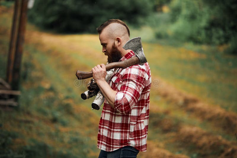 Bearded Man with Firewoods and with Axe on Shoulder Stock Photo - Image ...