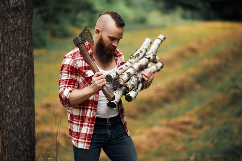Bearded Man with Firewoods and with Axe on Shoulder Stock Photo - Image ...