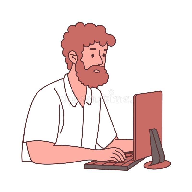Bearded Man Freelance Employee Cartoon Character Working with Computer ...