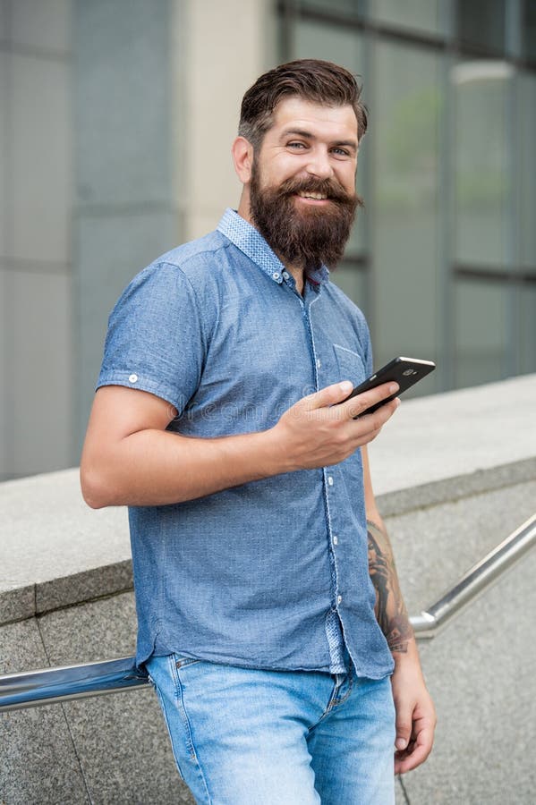 Bearded Man Happy Smiling Using Mobile Phone Mobile Device Outdoors ...
