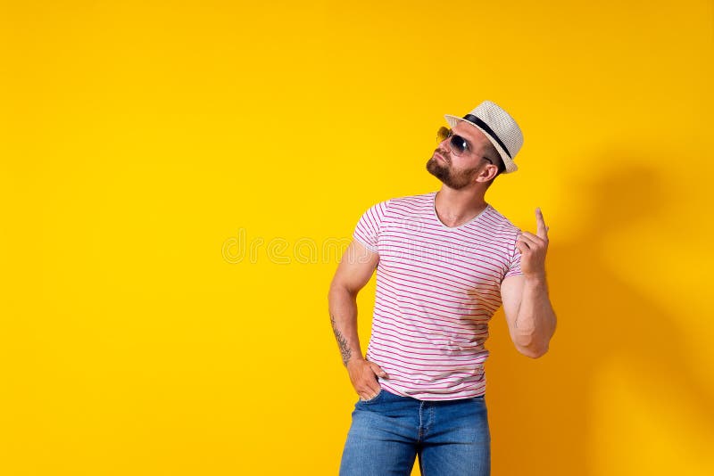 Bearded Man in Hat and Sunglasses Pointing Finger Up Stock Photo ...