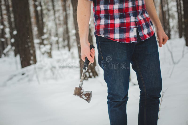 Bearded Man with an Hatchet in the Winter Forest Stock Image - Image of ...