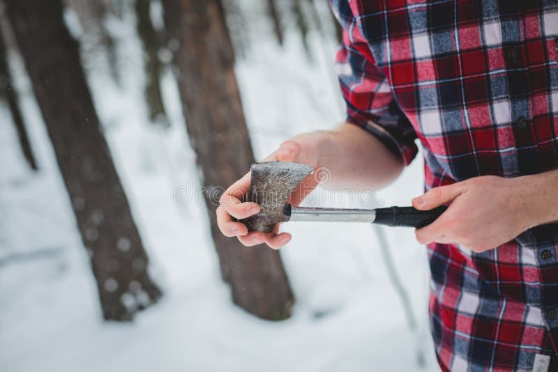 Bearded Man with an Hatchet in the Winter Forest Stock Image - Image of ...