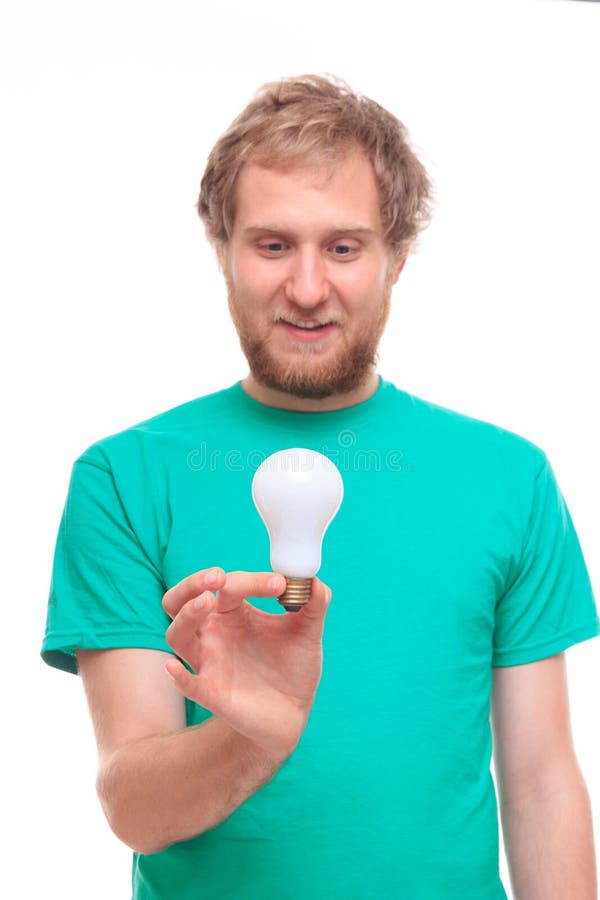 Bearded Man Holding an Idea Light Bulb Stock Photo - Image of energy ...