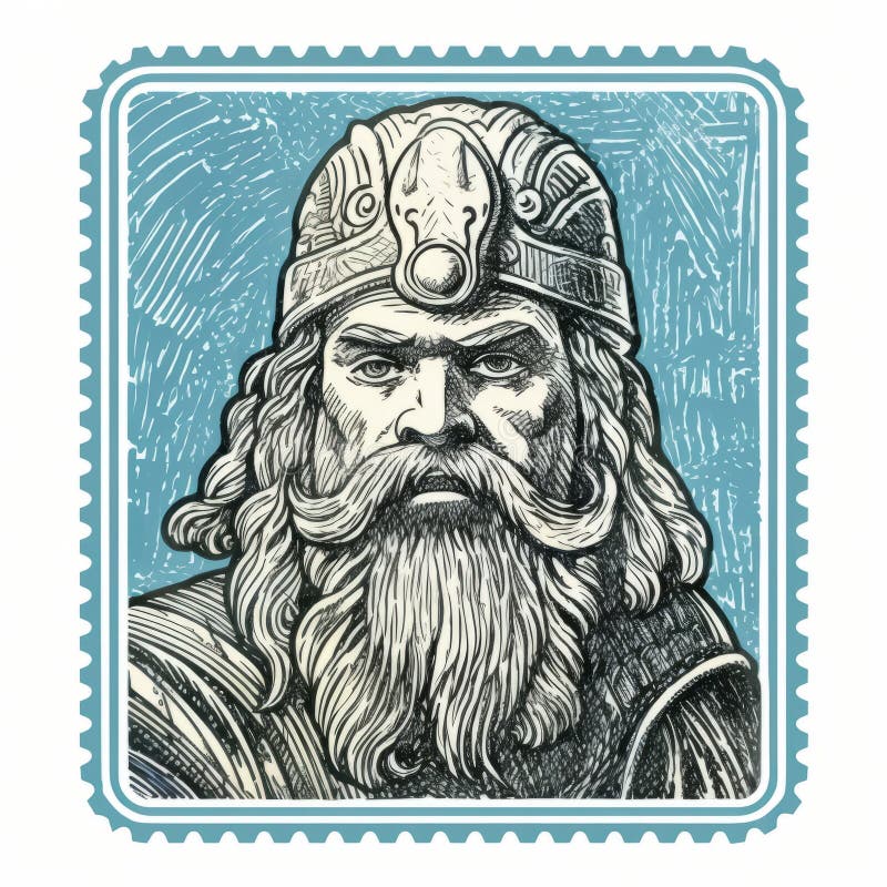 Vintage Frost Giant Stamp Illustration with Old World Warrior Man Stock ...