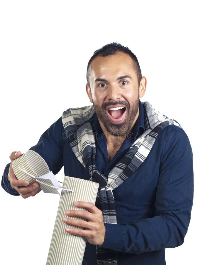 Bearded Man Holding a Tubular Gift Box Stock Image - Image of beard ...