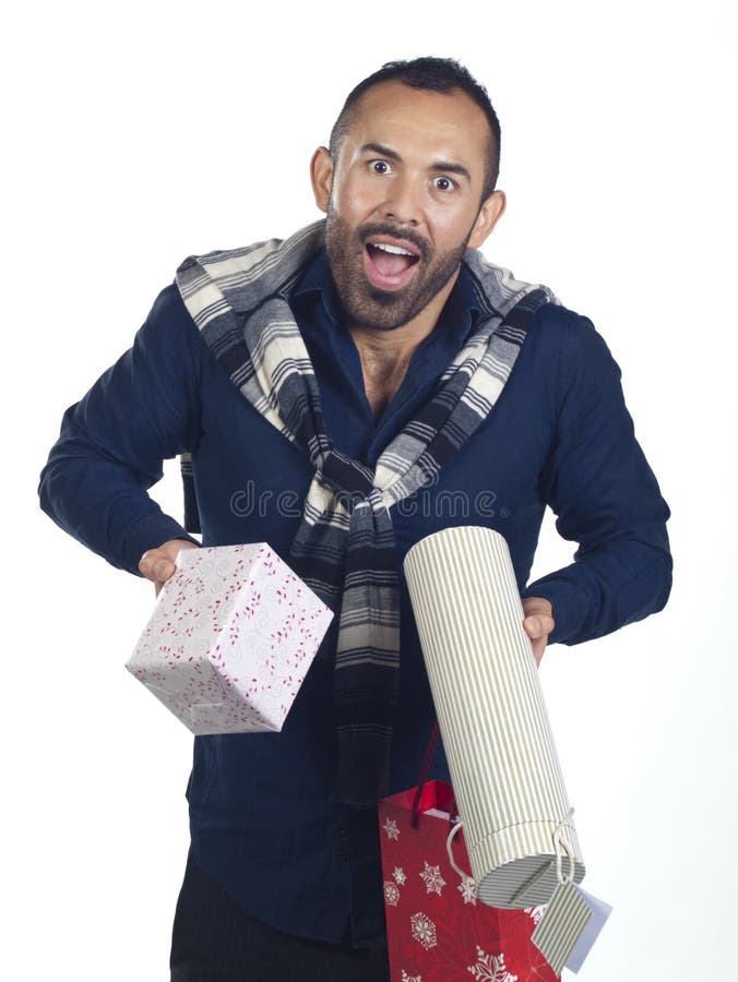 Bearded Man Holding a Variety of Wrapped Gifts Stock Image - Image of ...