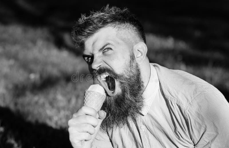 Bearded Man Holds Ice Cream Cone As Microphone Singer Concept Stock