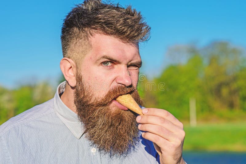 Bearded Man With Ice Cream Cone Man With Beard Enjoy Ice Cream Stock