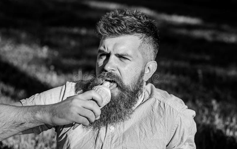 Bearded Man with Ice Cream Cone. Man with Long Beard Eats Ice Cream ...