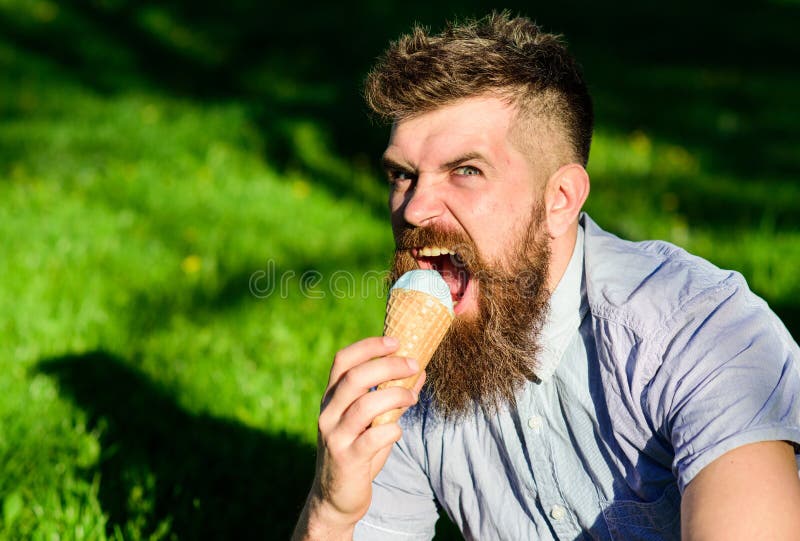 Bearded Man With Ice Cream Cone Temptation Concept Man With Long