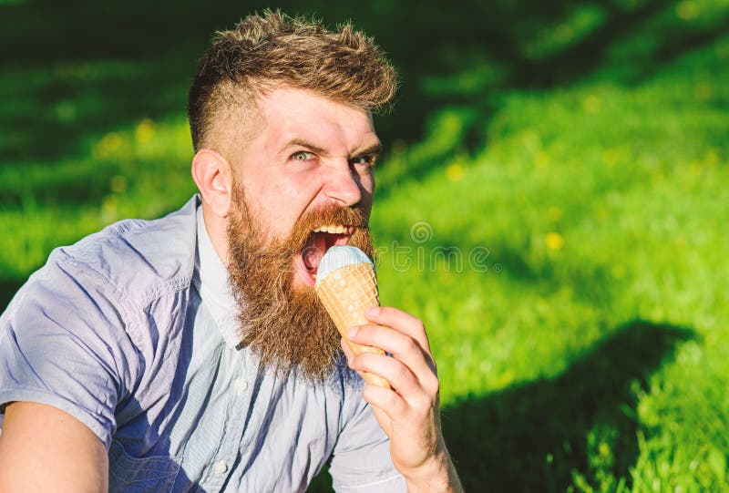 Bearded Man With Ice Cream Cone Temptation Concept Man With Long