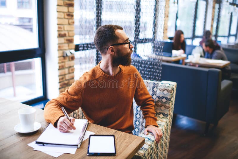 Bearded Man Making Order while Working Remotely in Cafe Stock Image ...