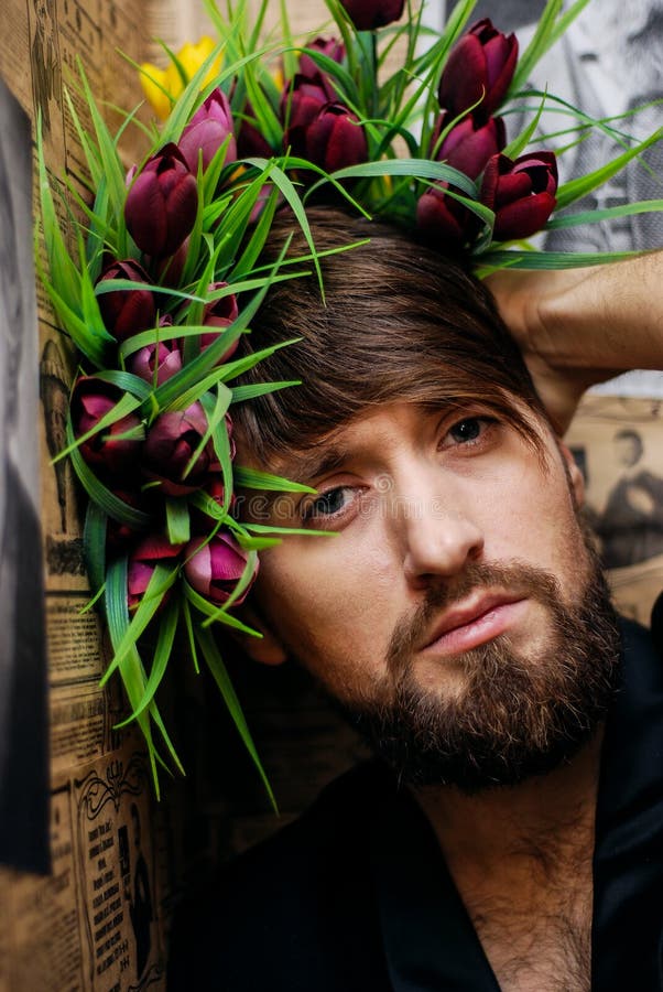 Bearded Man with Nice Bouquet of Flowers on His Head Stock Image ...