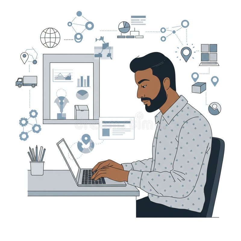 A Bearded Man in a Patterned Shirt is Focused on Typing at a Laptop on ...