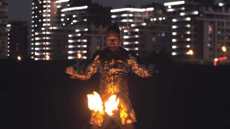Bearded Man Performing on Fire Show - Playing with Fired Up Lanterns on ...
