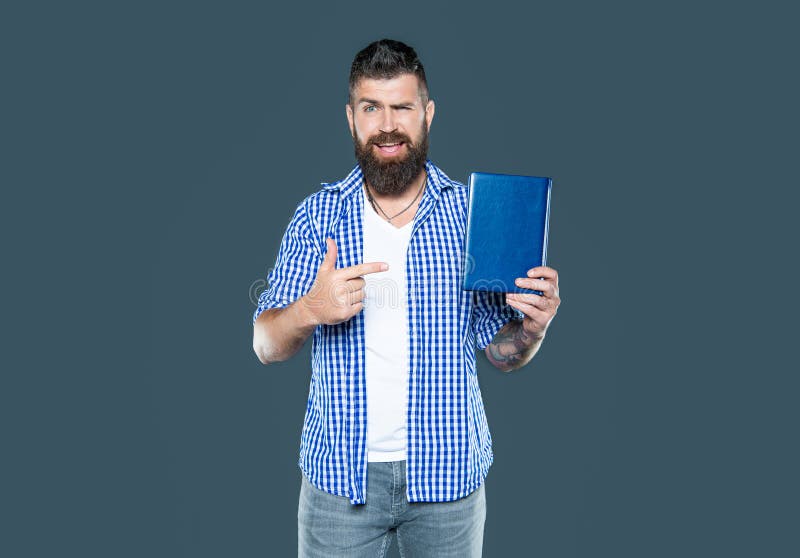 Bearded Man Recommend Book on Grey Background. Point Finger Stock Image ...