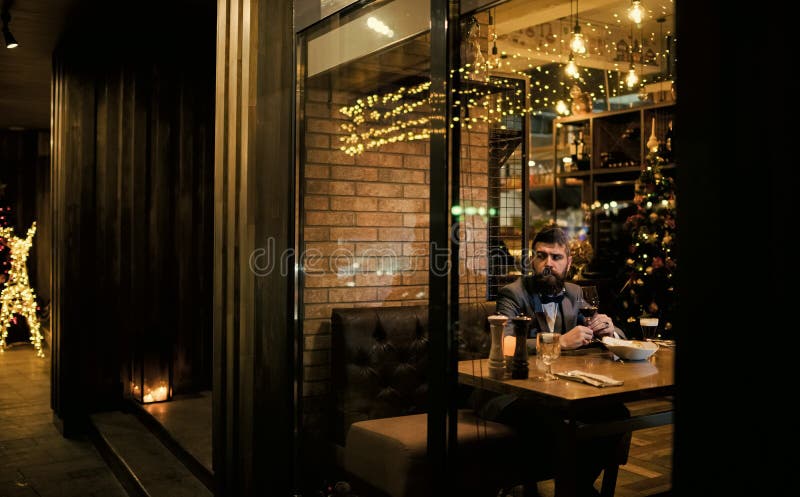 Bearded Man Rest in Restaurant with Wine Glass. Bearded Man Wait in Bar ...