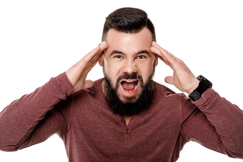 Bearded Man Screaming on White Background. Stock Image - Image of ...