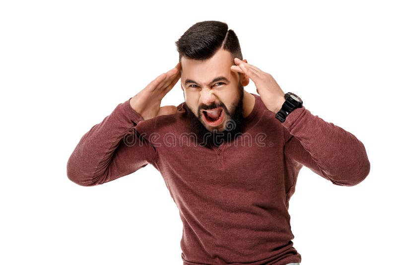 Bearded Man Screaming on White Background. Stock Image - Image of ...