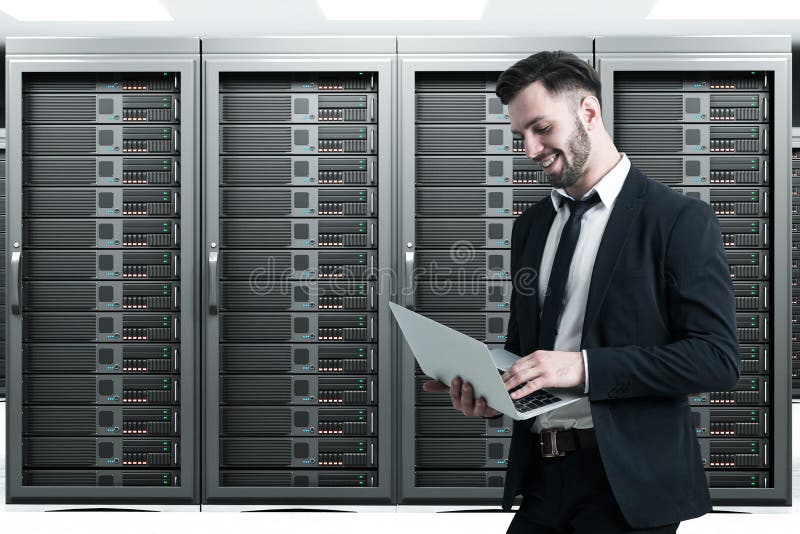 Back Side of Man in Server Room Monitor Business Graph , Generative AI ...