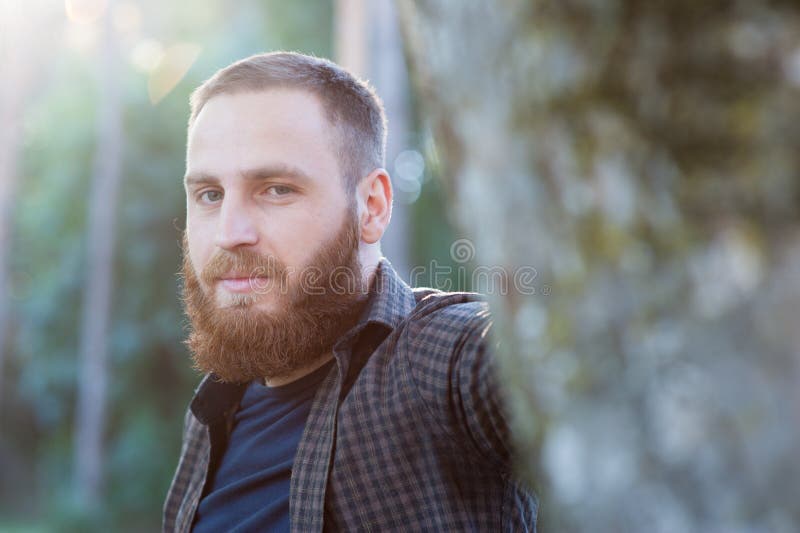 Bearded Man in Shirt Standing Behind a Tree Stock Image - Image of ...