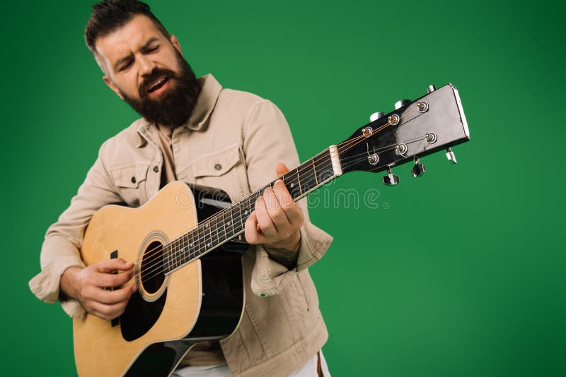 Bearded Man Singing and Playing on Acoustic Guitar, Isolated Stock ...