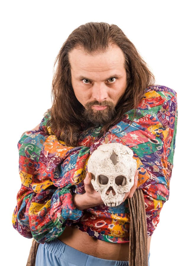 The Bearded Man with a Skull Stock Photo - Image of blue, eccentric ...