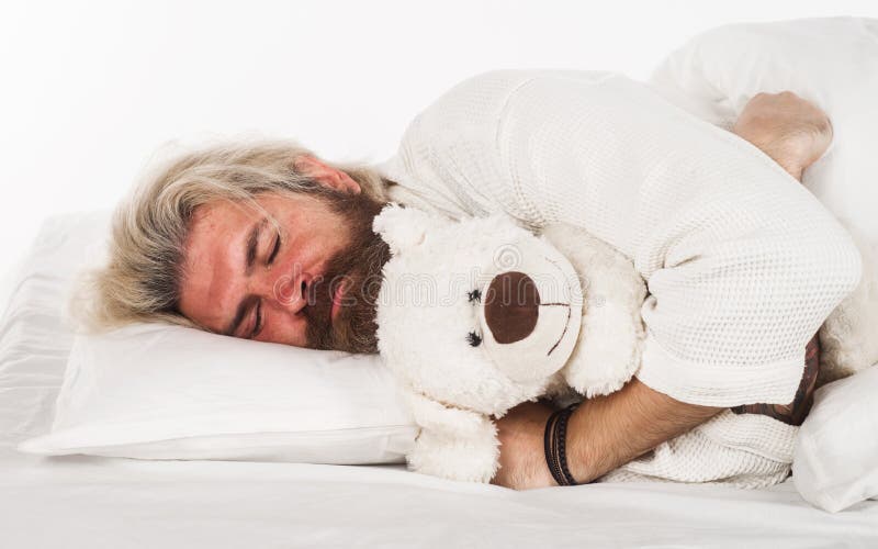 Bearded Man Sleeping In Comfortable Bed With Teddy Bear Sweet Dreams