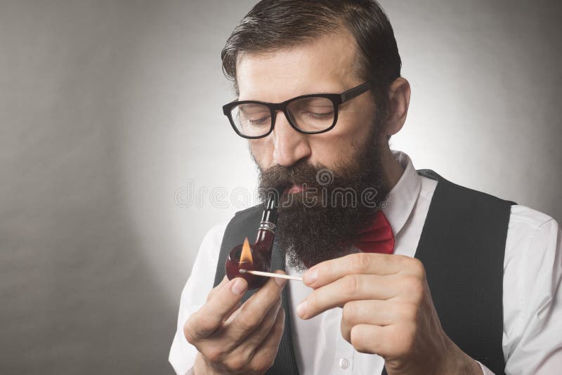 Bearded Man Smoking Tobacco Pipe Stock Image - Image of burning ...