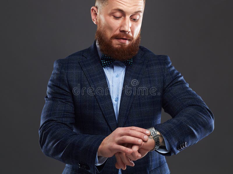 Bearded Man in Suit Waiting and Looking at the Clock Stock Photo ...