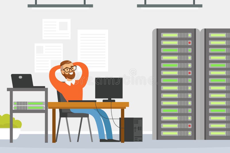 Bearded Man Sysadmin Sitting at Desk Working with Server Rack Cabinet ...