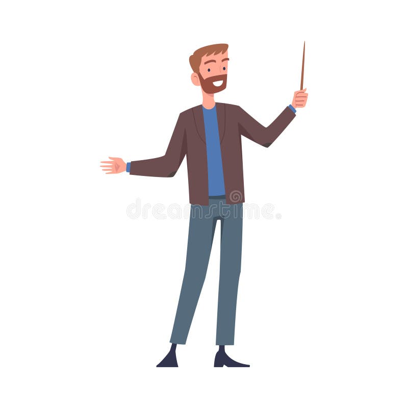 Bearded Man Teacher Character Standing with Pointer and Teaching Vector ...