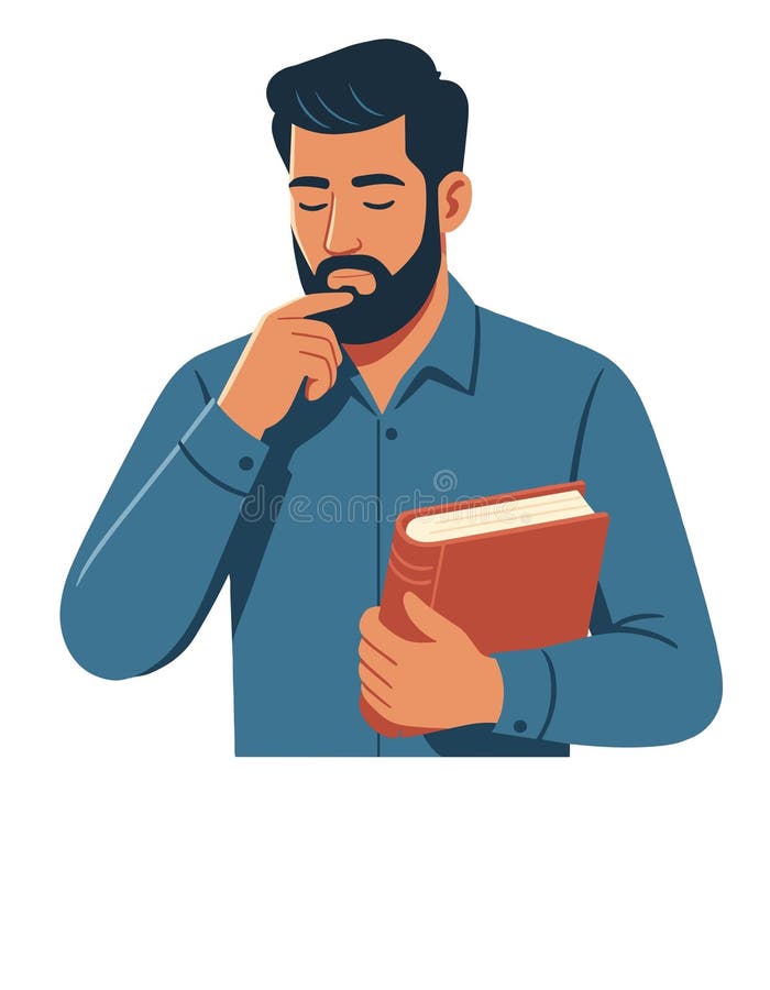 Bearded Man Thinking Holding Book Flat Vector Illustration Education ...