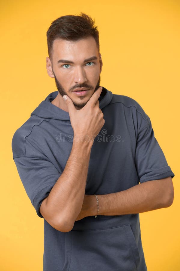 Bearded Man Touch Beard with Hand. Man with Bearded Face. Bearded Man ...